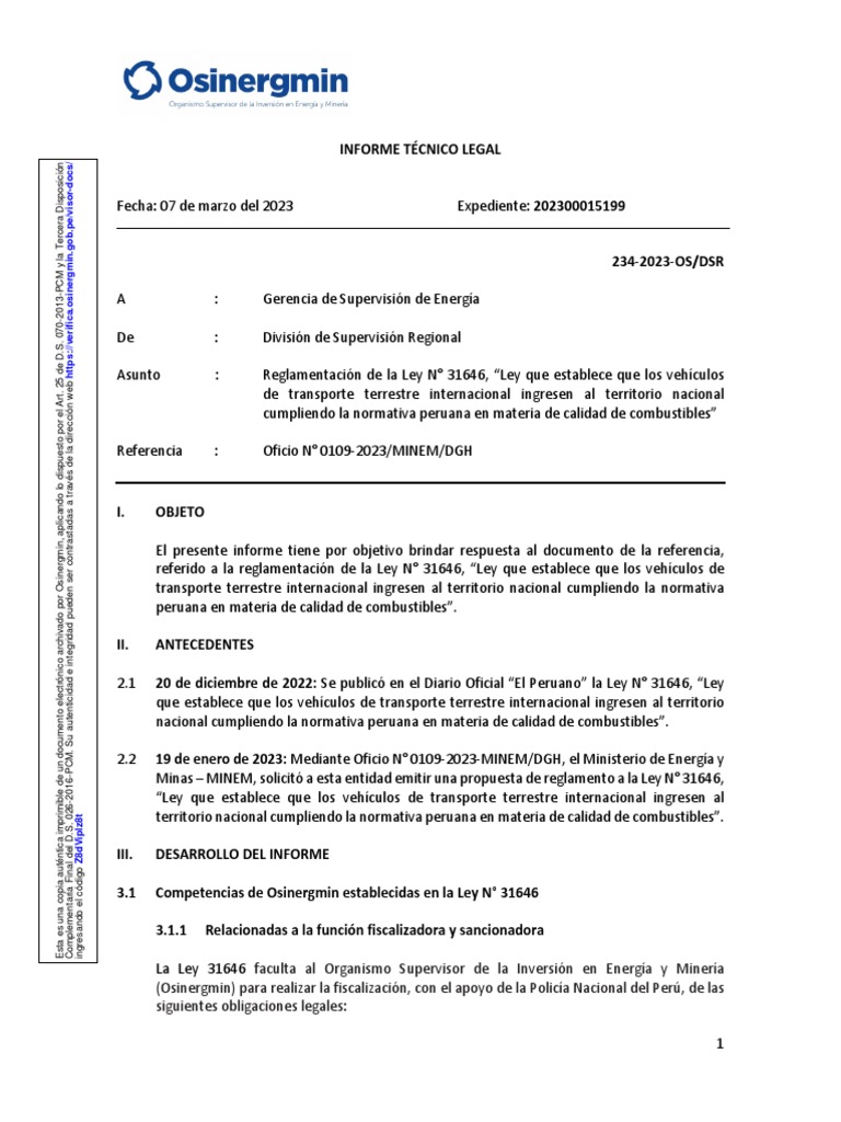 Informe - Proyecto de Reglamento de La Ley 31646 - Informe OSINERGMIN PDF | PDF | Multa (pena ...