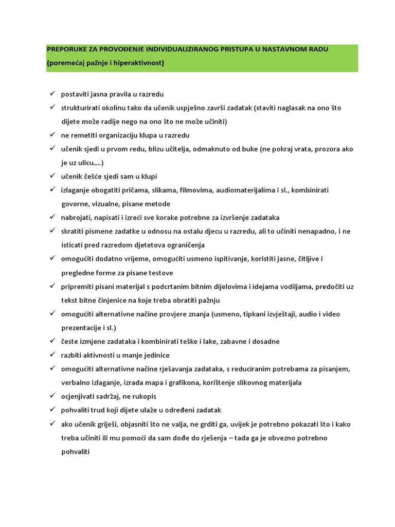 Poremecaj Paznje I Hiperaktivnost - Preporuke Za Individualizirani Pristup | PDF