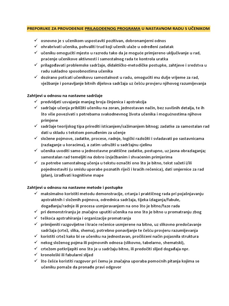 Preporuke Za Prilagodeni Program | PDF