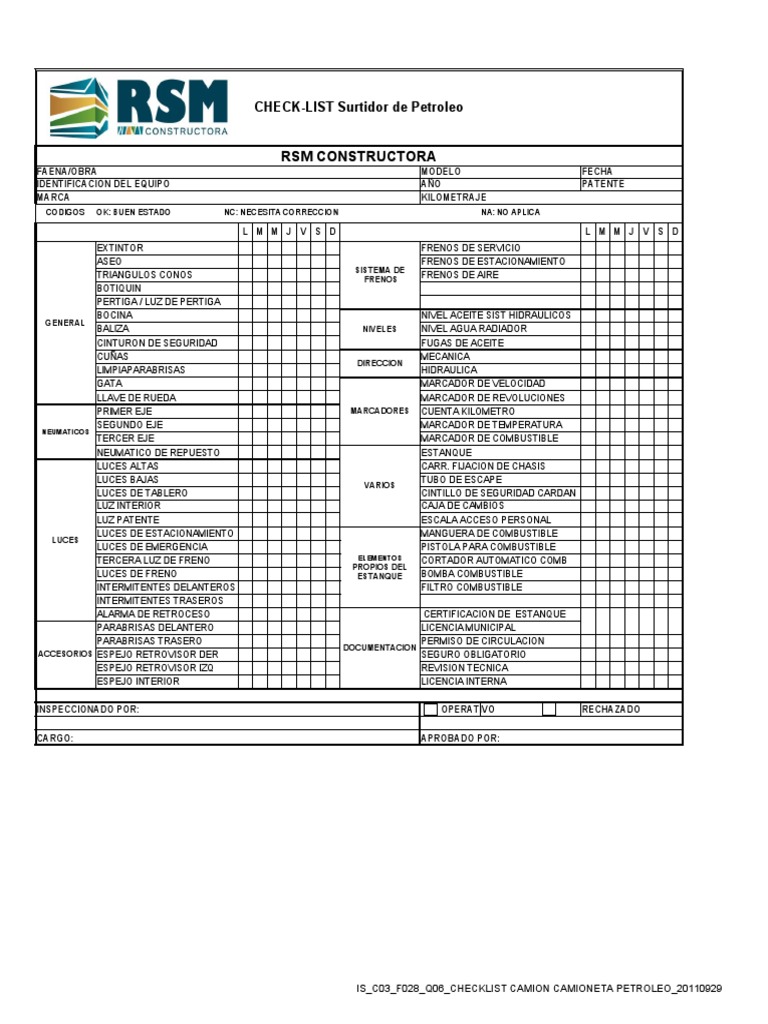 Checklist Camión RSM Constructora | PDF | Eje | Transporte privado