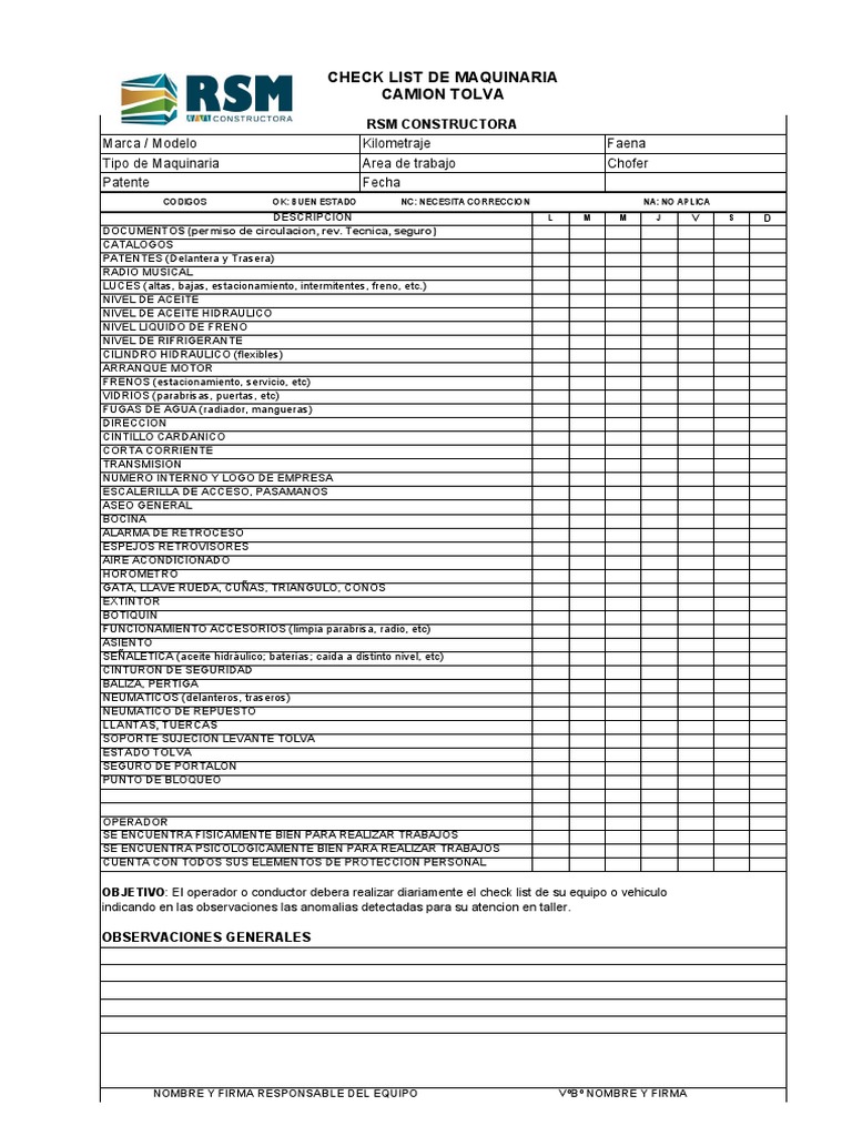 Check List de Camion Tolva | PDF