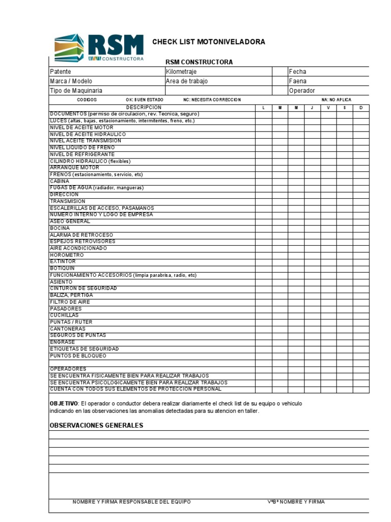 Check List Motoniveladora | PDF