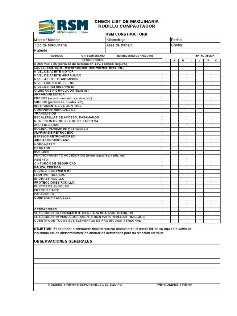 Check List Rodillo Compactador | PDF