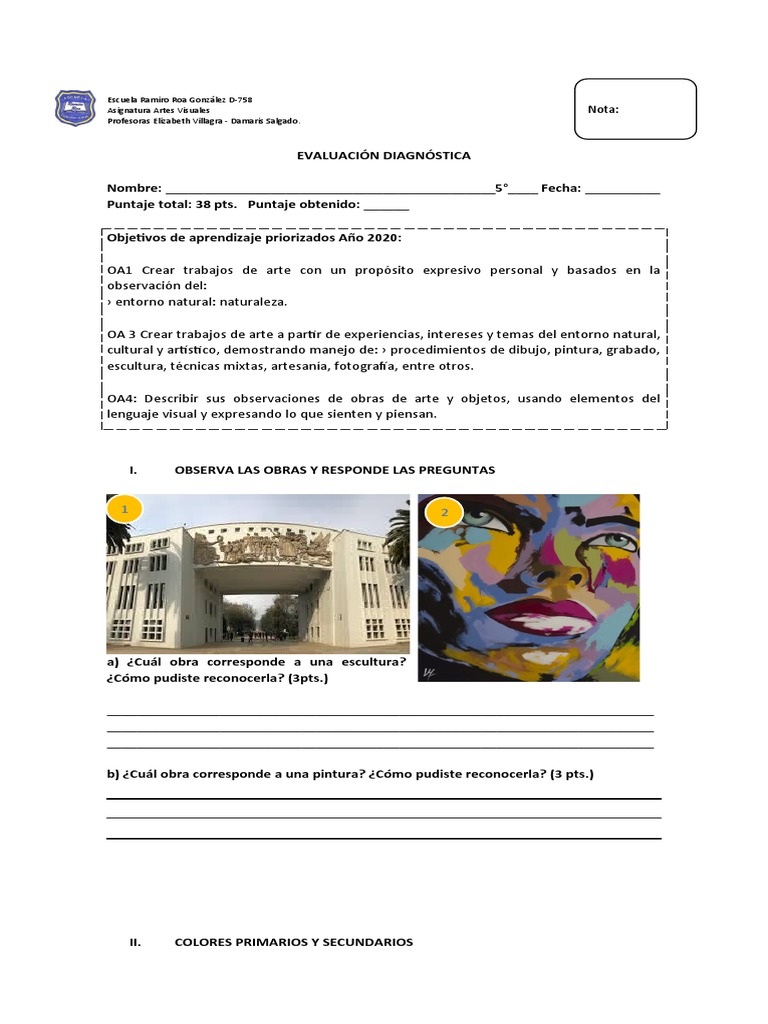 Evaluación Diagnóstica Artes Visuales 5° | PDF | Pinturas | Las artes