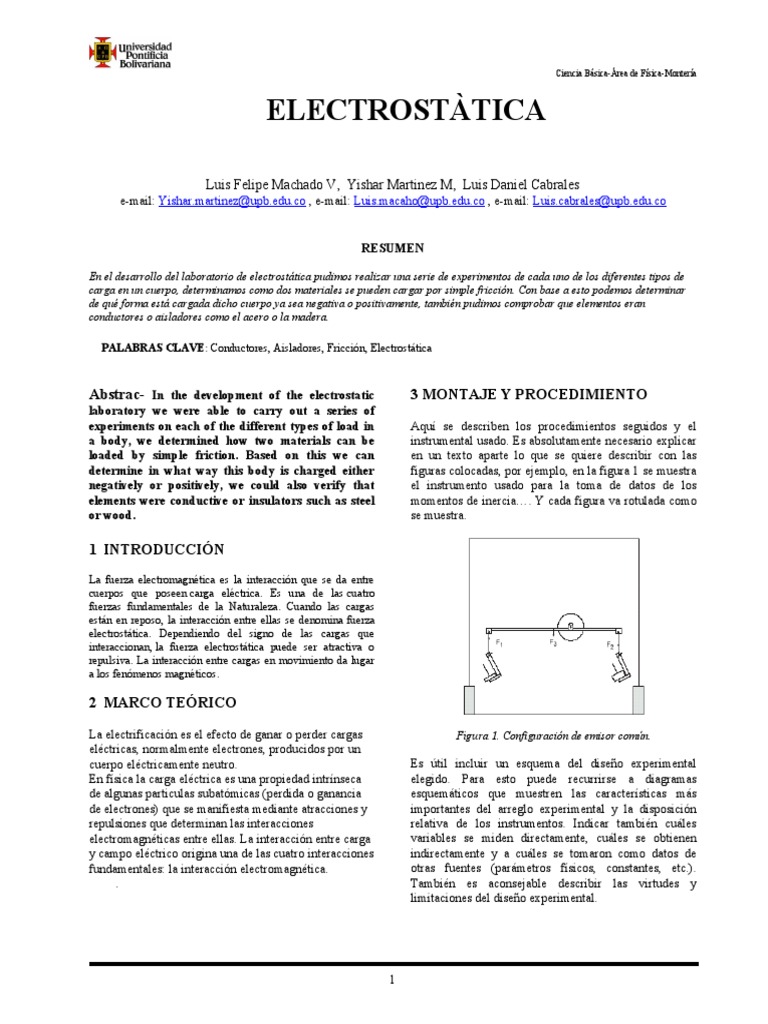 Lab #1 Fisica Sobre Electrostatica Upb | PDF | Electricidad | Electrón