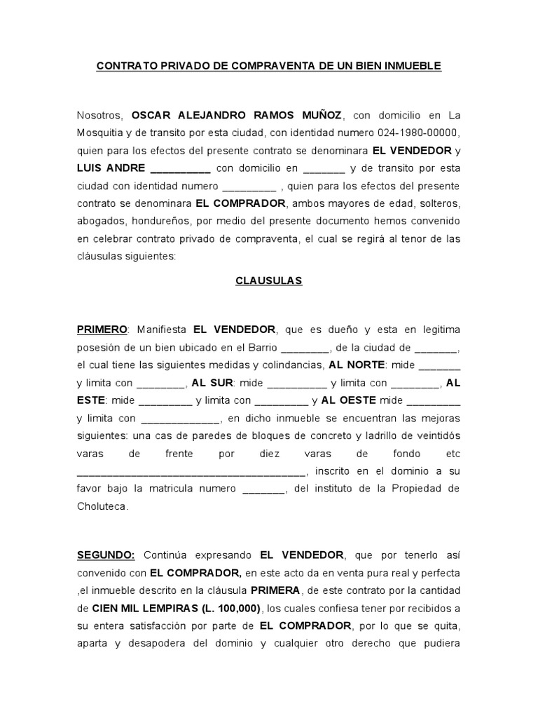 Contrato Privado De Compraventa De Un Bien Inmueble Pdf Ley Común