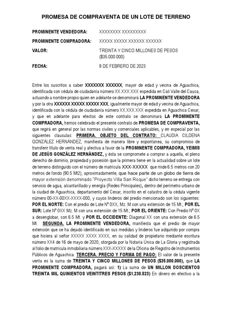 Promesa de Compraventa de Lote en Aguachica | PDF
