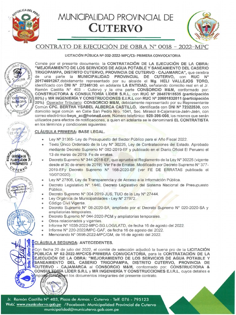 CONTRATO DE EJECUCION No 018 - 2022 - MPC | PDF