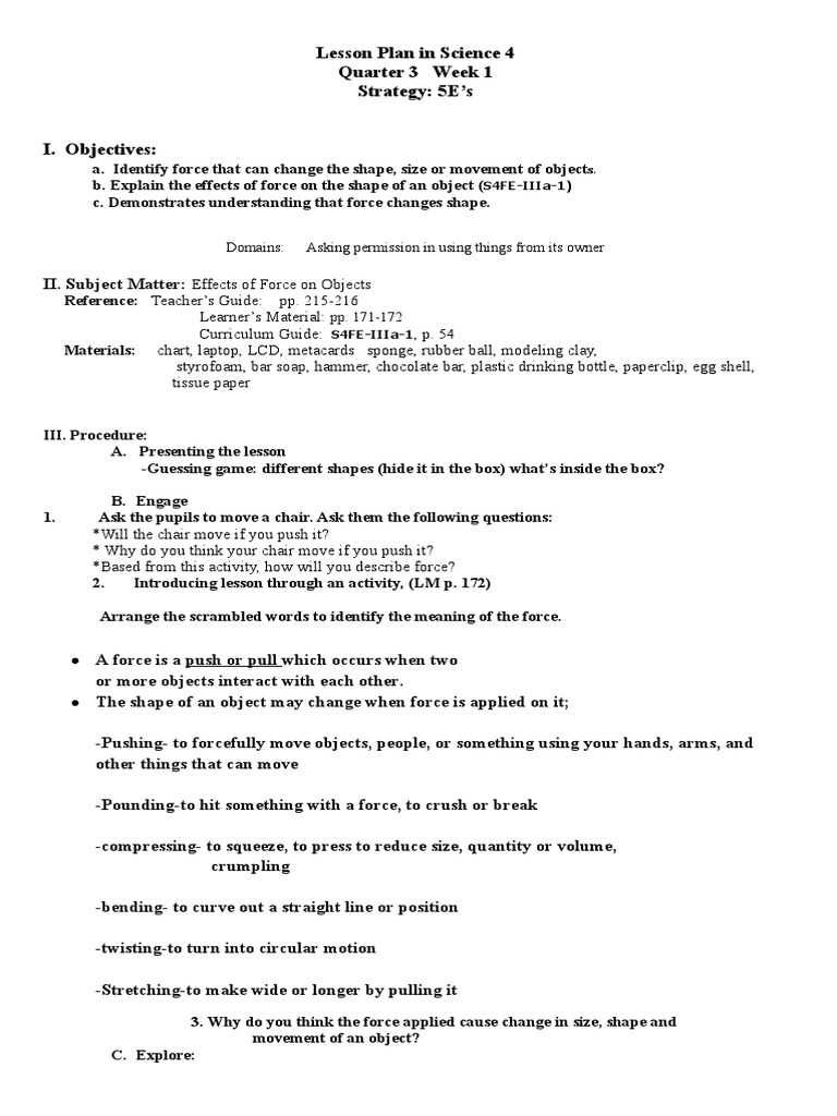 Lesson Plan in Scie.4 | PDF | Force | Lesson Plan