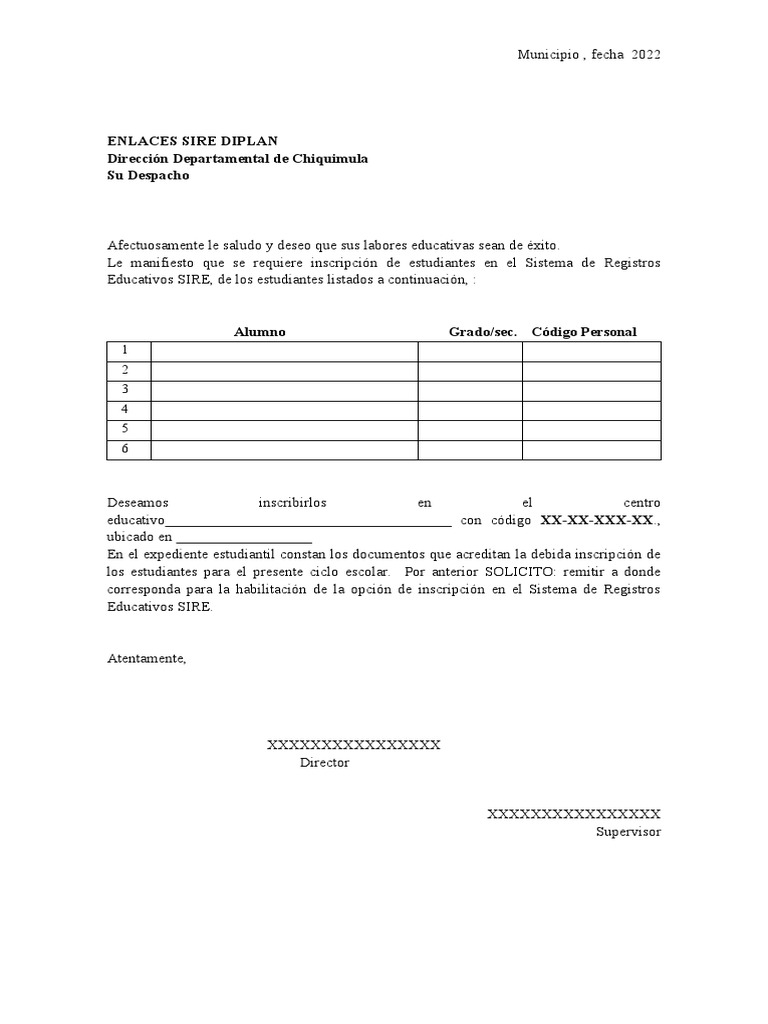 Formato de Solicitud Inscripción, SIRE | PDF