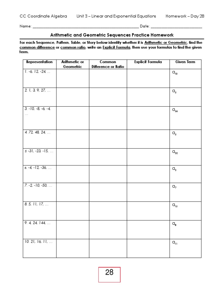 28 Arithmetic and Geometric Sequences Practice Homework w3rmk9 | PDF ...
