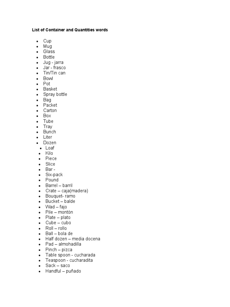 List of Container and Quantities Words | PDF
