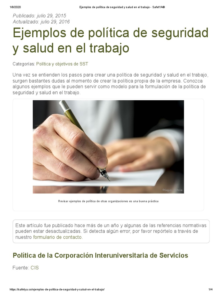 2.ejemplos de Política de Seguridad y Salud en El Trabajo - SafetYA ...