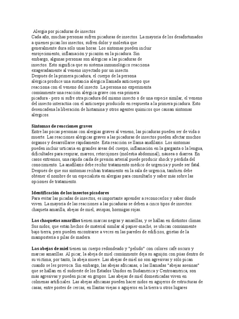 Alergias a picaduras de insectos: síntomas y prevención | PDF | Alergia ...