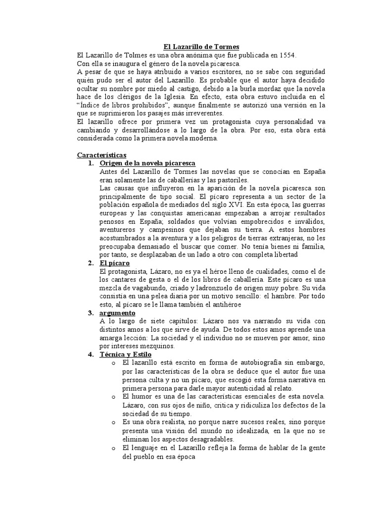 El Lazarillo de Tormes: Novela Picaresca | PDF | Novelas