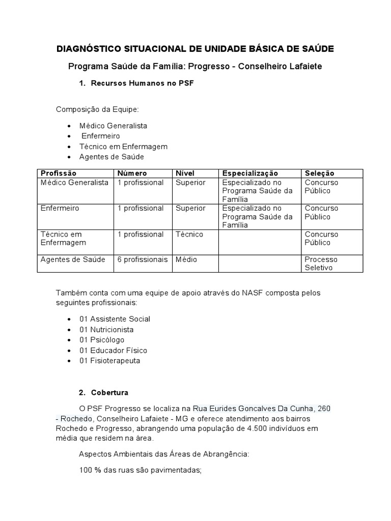 Diagnóstico Situacional de Unidade Básica de Saúde | PDF | Planejamento ...