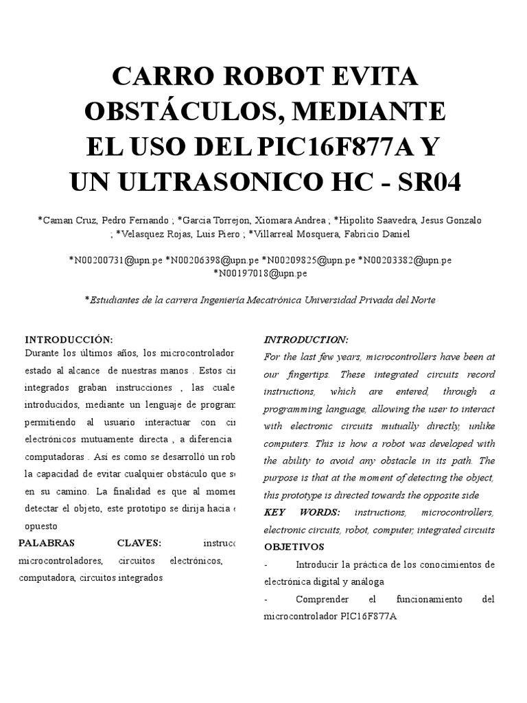 Carro Robot Evasor de Obstáculos Mediante El Uso Del PIC16F877A | PDF | Ultrasonido | Sensor