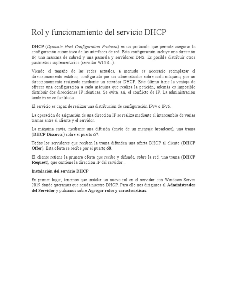 Rol y Funcionamiento Del Servicio DHCP | PDF | Dirección IP | Estándares de internet