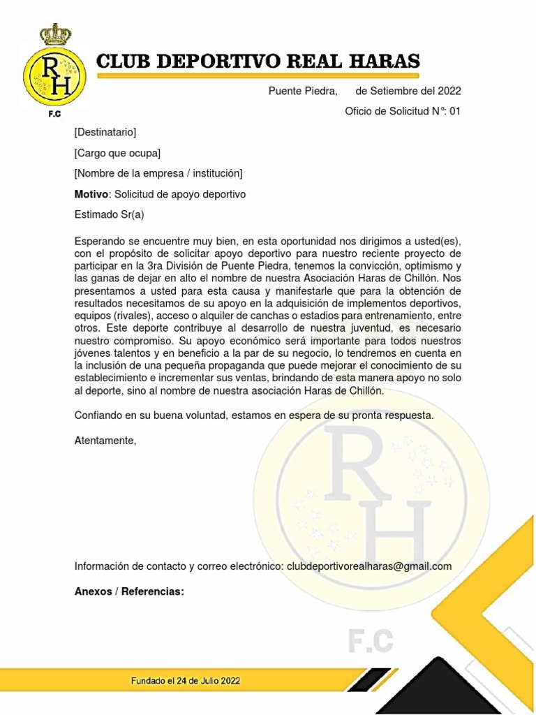 Formato para Oficio de Solicitud de Apoyo Al Club Deportivo | PDF