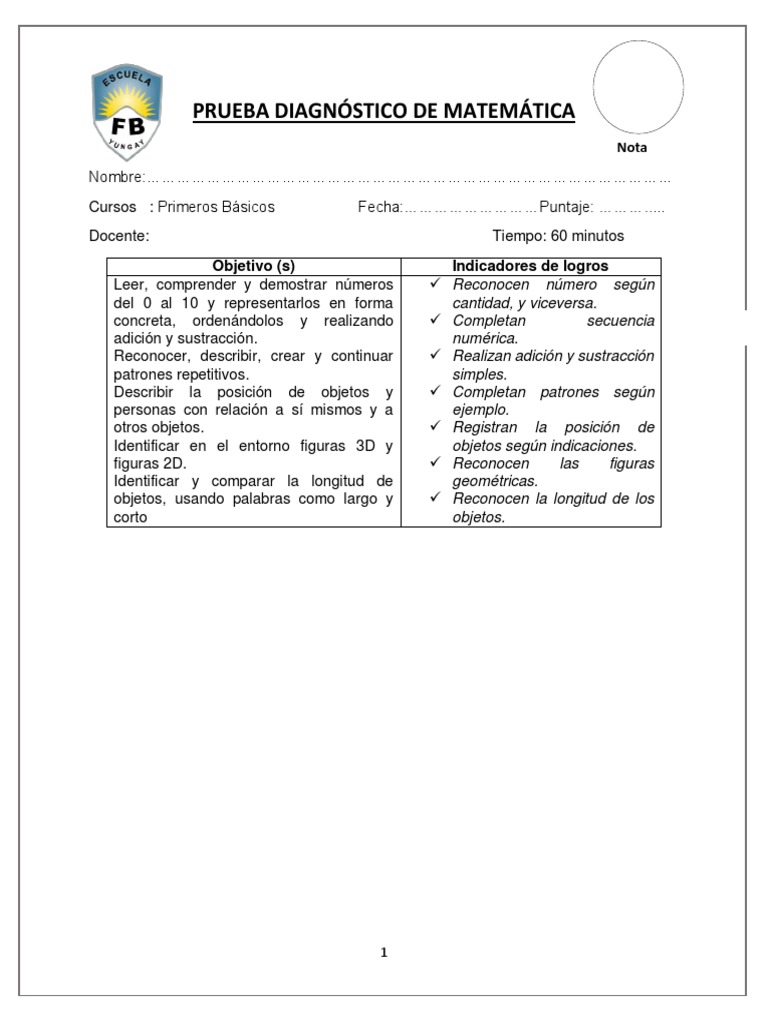 Prueba Diagnóstica de Matemáticas 1° Básico | PDF | Sustracción ...
