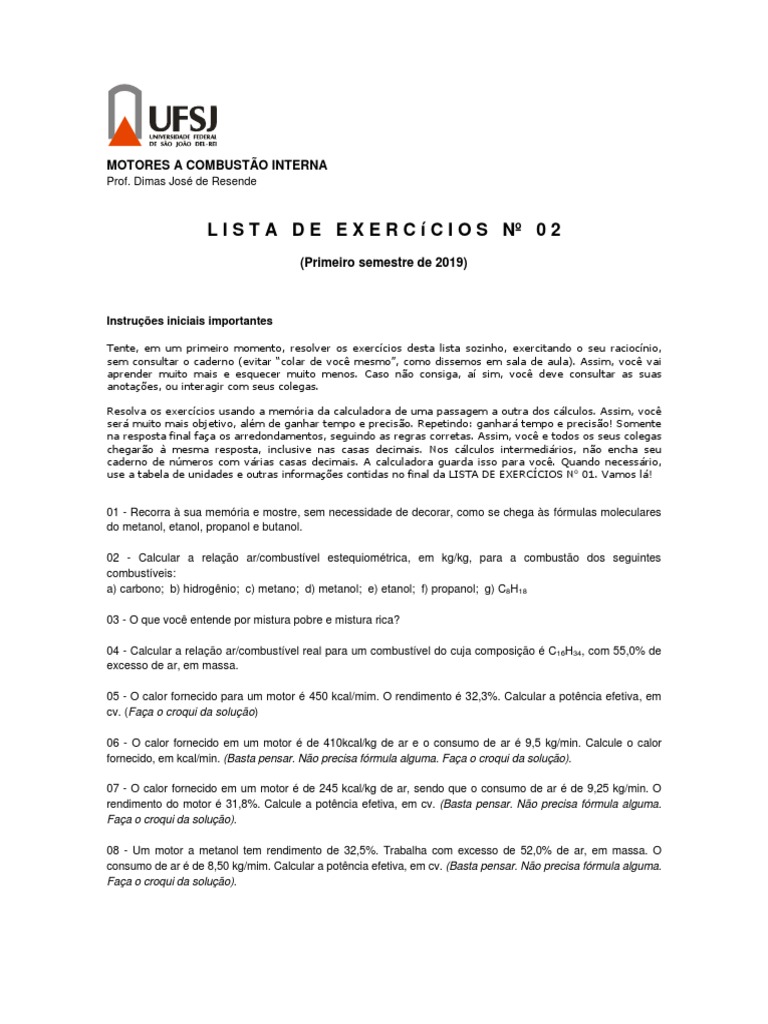 Lista de Exercícios 2 | PDF | Motor a diesel | Motores