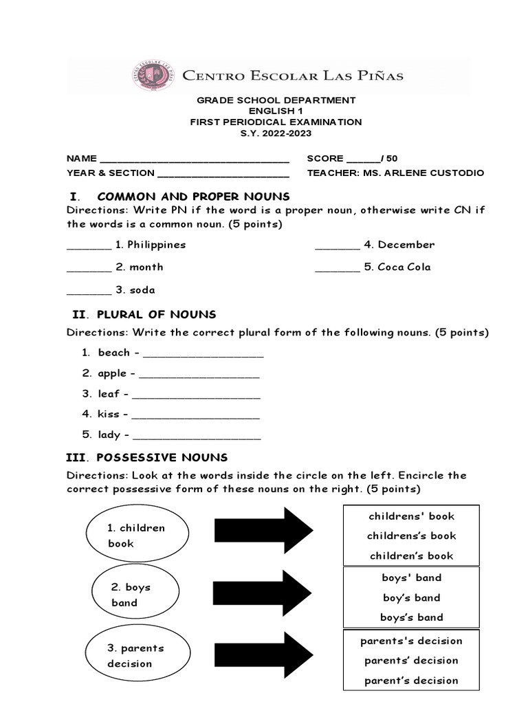 English 1 - 1st Grading Exam | PDF | Noun | Languages