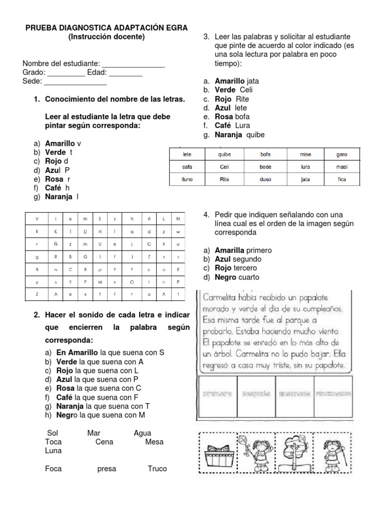 Prueba Diagnóstica EGRA para Estudiantes | PDF | Tecnicas artisticas ...