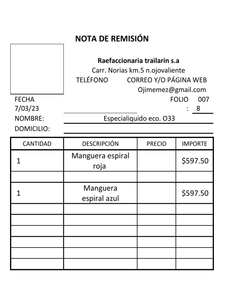Nota de Remisión Editable para Imprimir | PDF