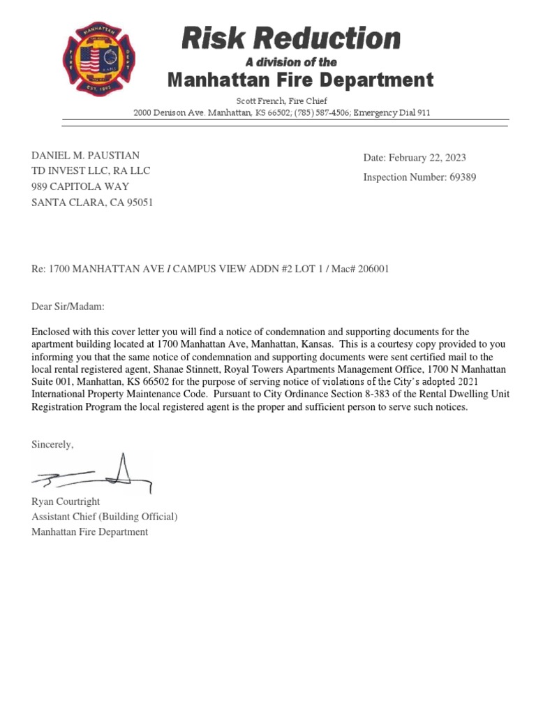 1700 N Manhattan Ave - Royal Towers - Notice of Condemnation | PDF ...