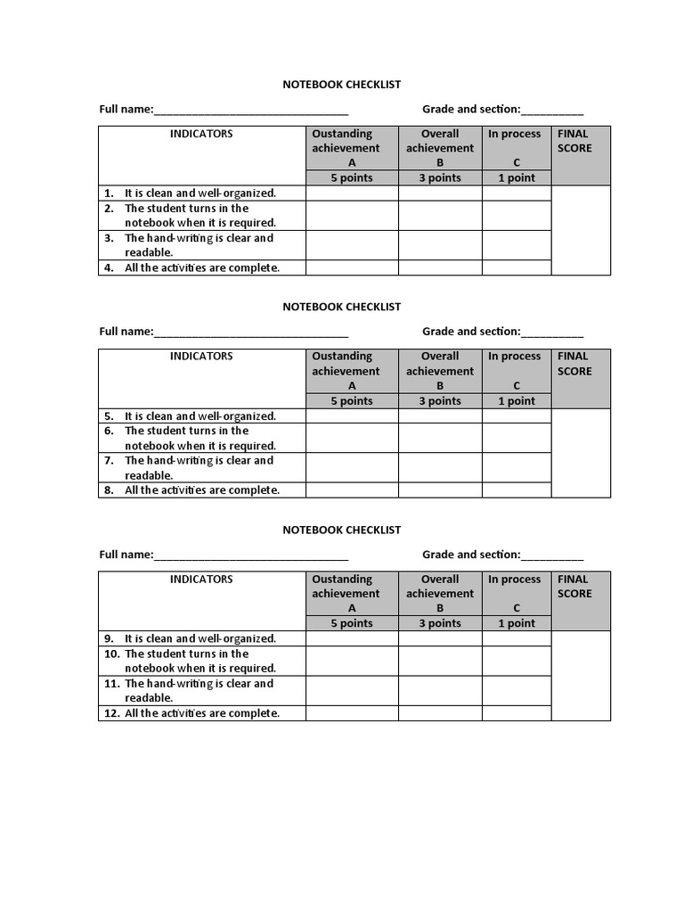 Notebook Checklist | PDF Notebook Checklist | PDF