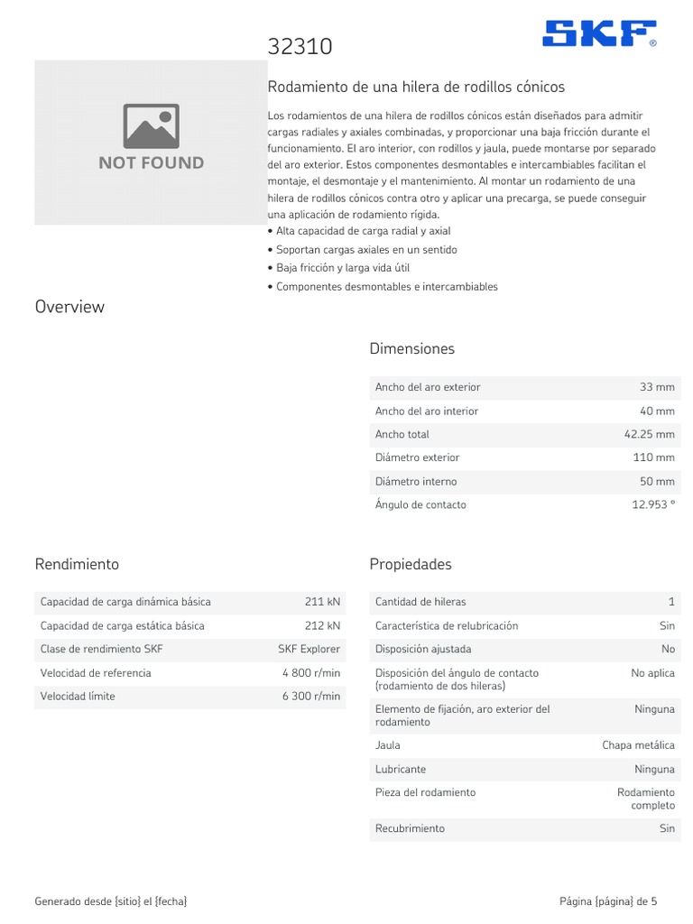SKF 32310 Specification | PDF | Ingeniería mecánica