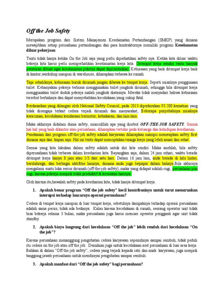 Off The Job Safety | PDF