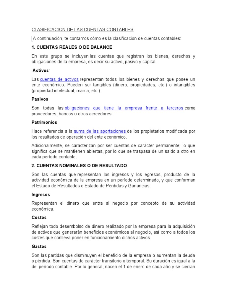 Clasificacion de Las Cuentas Contables | PDF | Contabilidad | Dinero