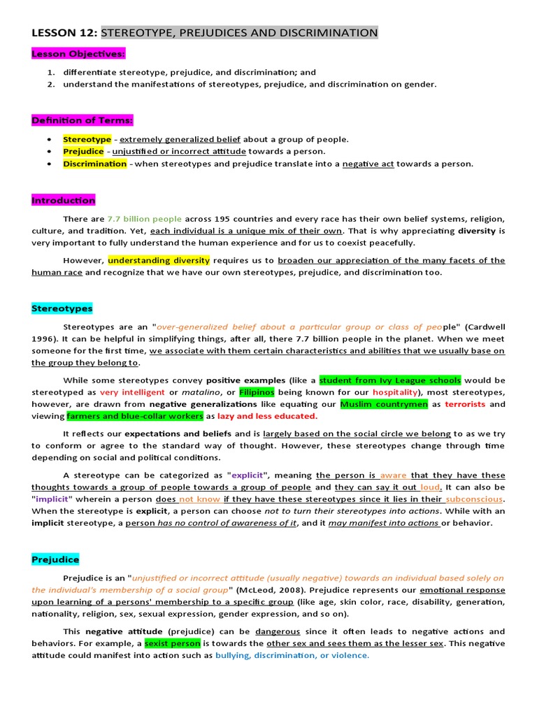 Lesson 12: Stereotype, Prejudices and Discrimination | PDF