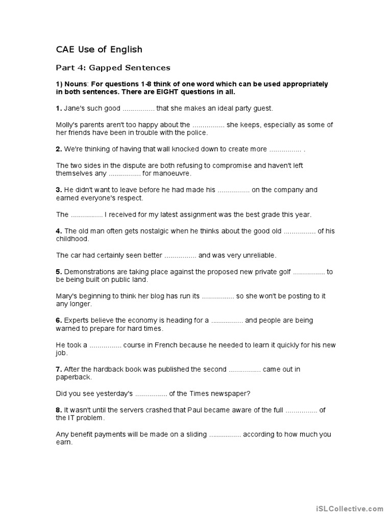 CAE Use of English - Gapped Sentences PDF | PDF | Linguistics