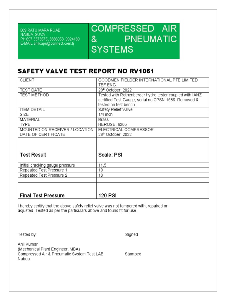 Safety Valve Test Report RV1061 | PDF