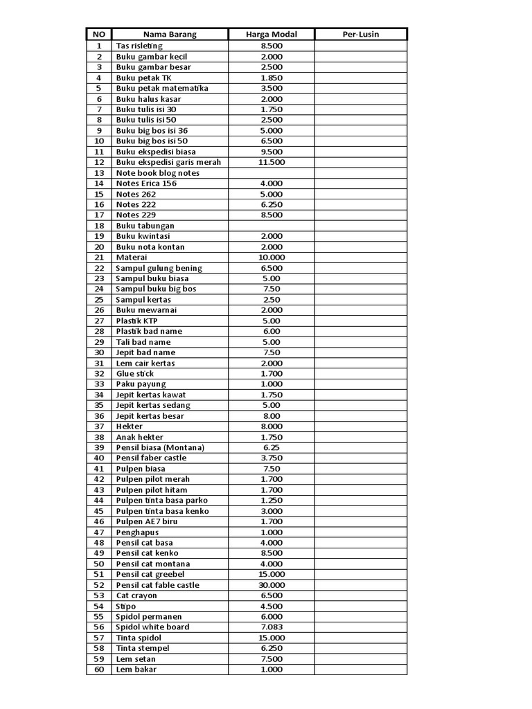 TABEL HARGA BARANG.docx | PDF