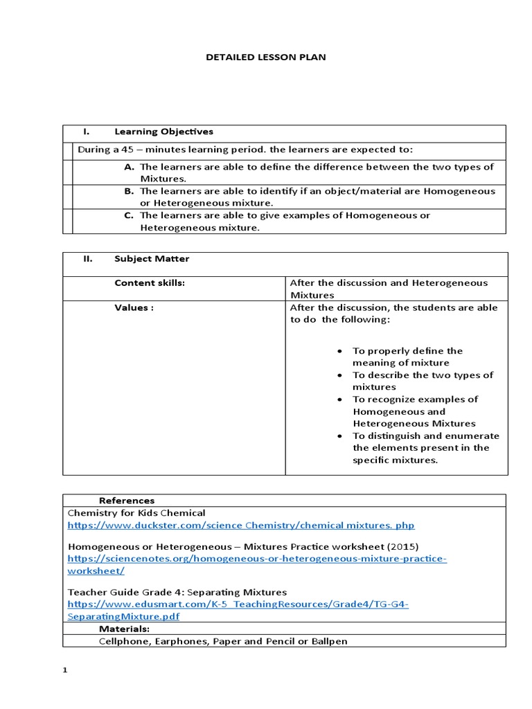 Mixtures: Homogeneous vs Heterogeneous Lesson Plan | PDF | Mixture ...