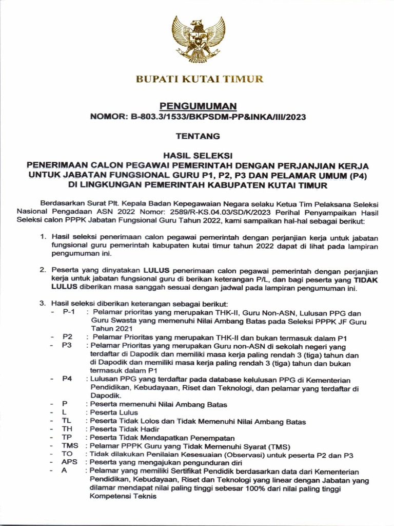 Hasil Seleksi Penerimaan Calon PPPK JF Guru P1, P2, P3 Dan P4 Kutim Tahun 2022 PDF | PDF