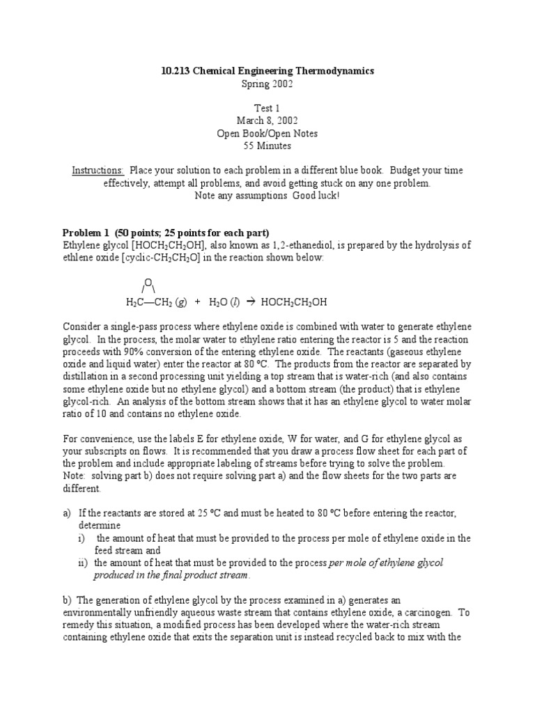Practice Problems For Engineering Thermodynamics | PDF | Chemical Reactor | Gases