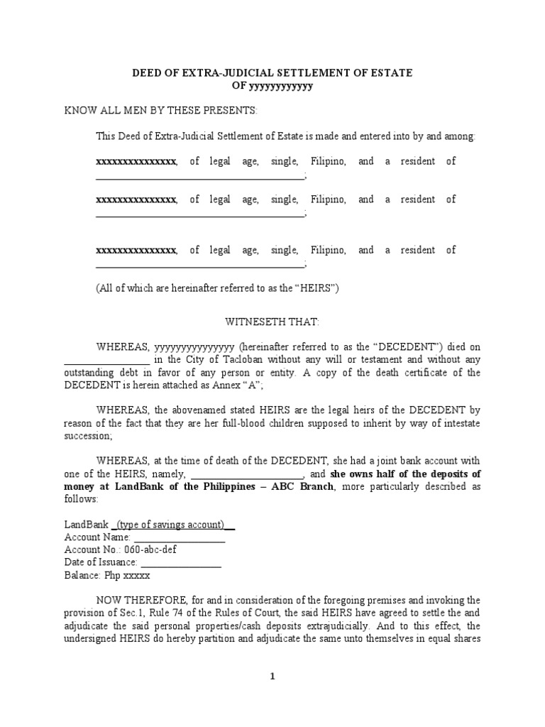 Deed of Extra-Judicial Settlement - Cash Deposits of Yyyyyyyyyyyyyy ...