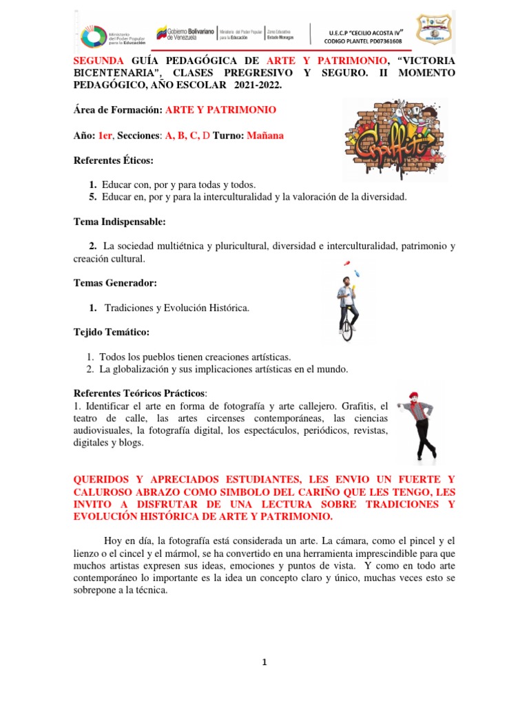 1er Año, Arte y Patrimonio, Segundas Guias. 1er Año, Turno Mañana, Ii Momento Pedagógico 2021 ...