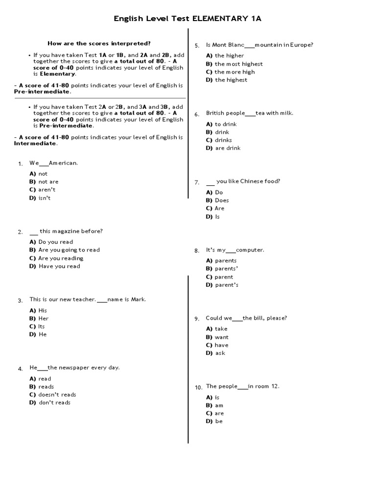 English Level Test ELEMENTARY 1A | PDF