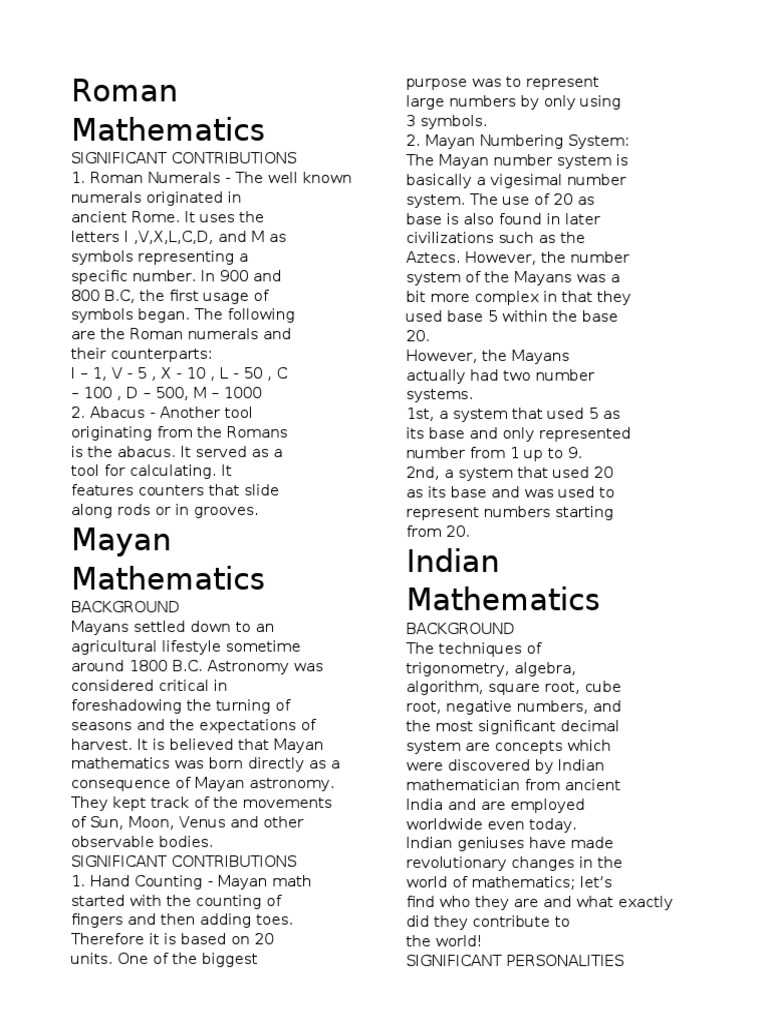 Roman, Mayan, Chinese, Indian, Islam, and Medieval European Mathematics ...