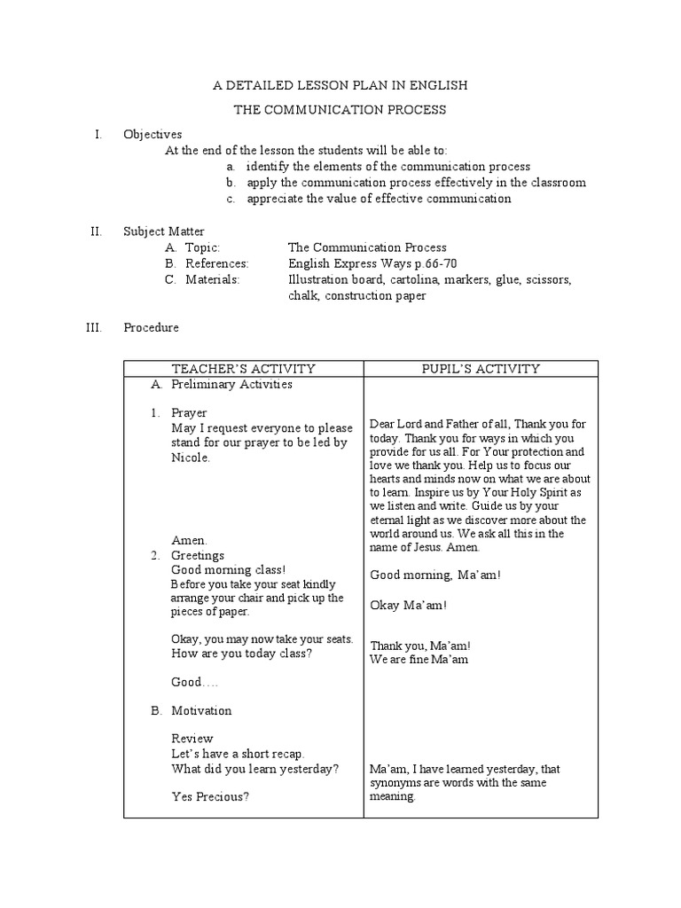 A Detailed Lesson Plan in English | PDF | Communication | Human ...