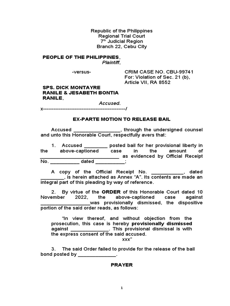 Motion To Release Bail - Sample | PDF | Justice | Crime & Violence