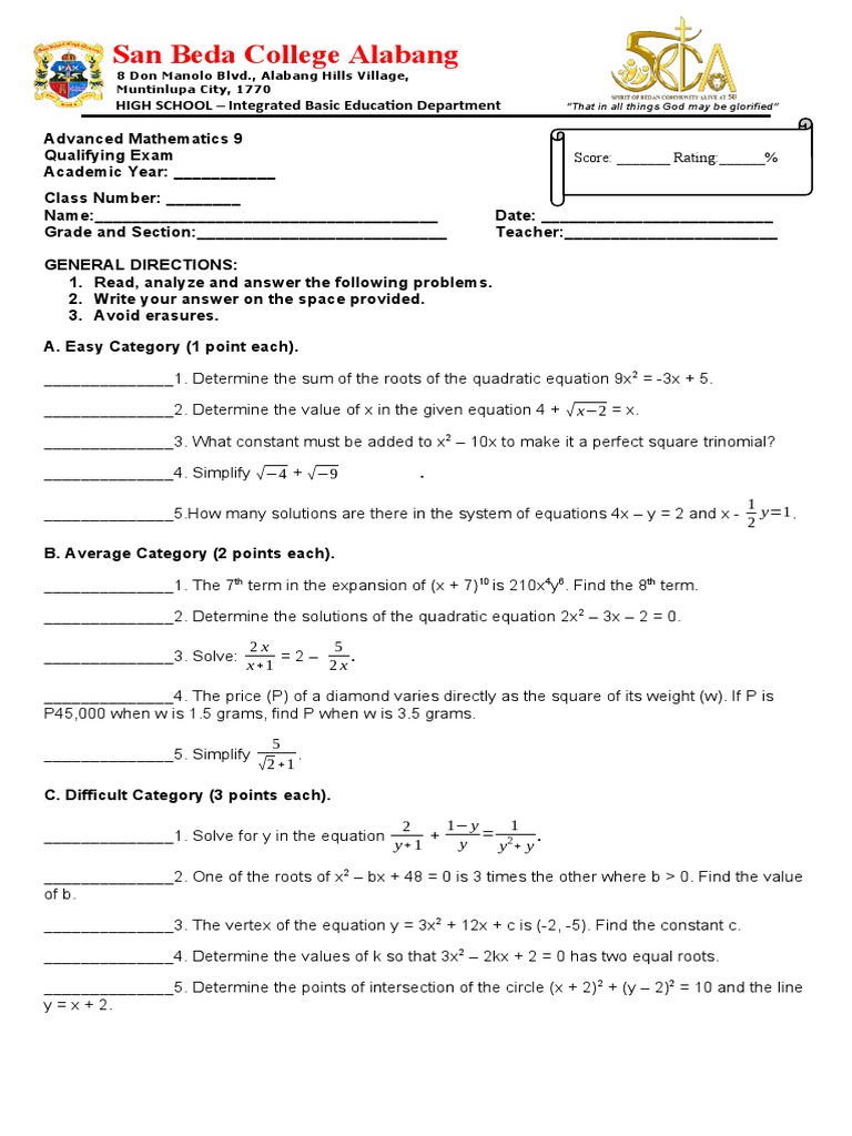 Advanced Math 9 Qualifying Exam | PDF | Equations | Quadratic Equation