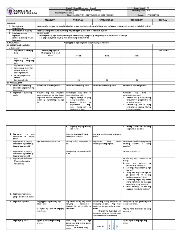 DLL ESP-6 Q1 Week-2 | PDF