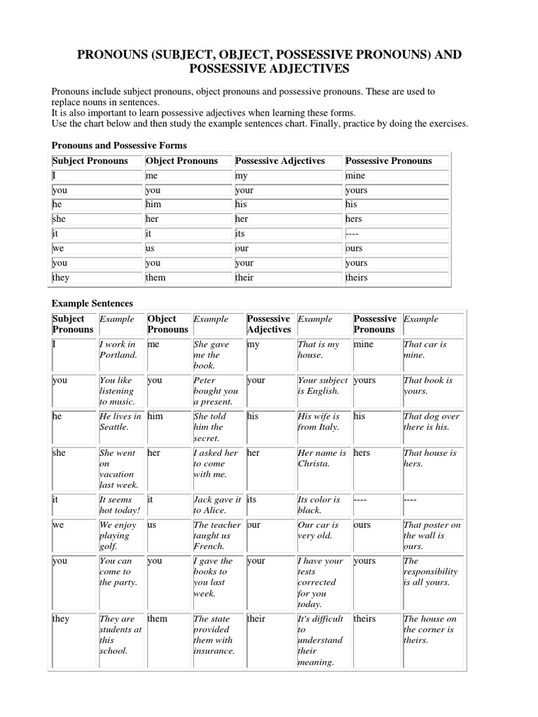 Pronouns and Possessive Adjectives Guide | PDF | Pronoun | Linguistic ...