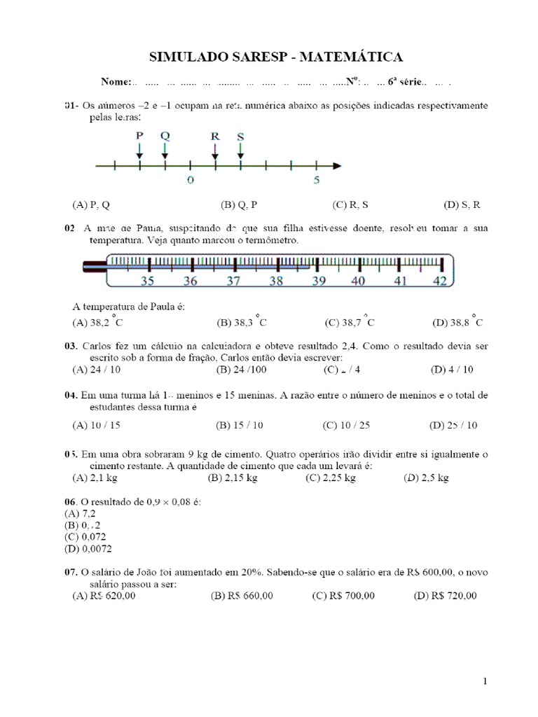 Simulado Saresp - Matemática - PDF | PDF
